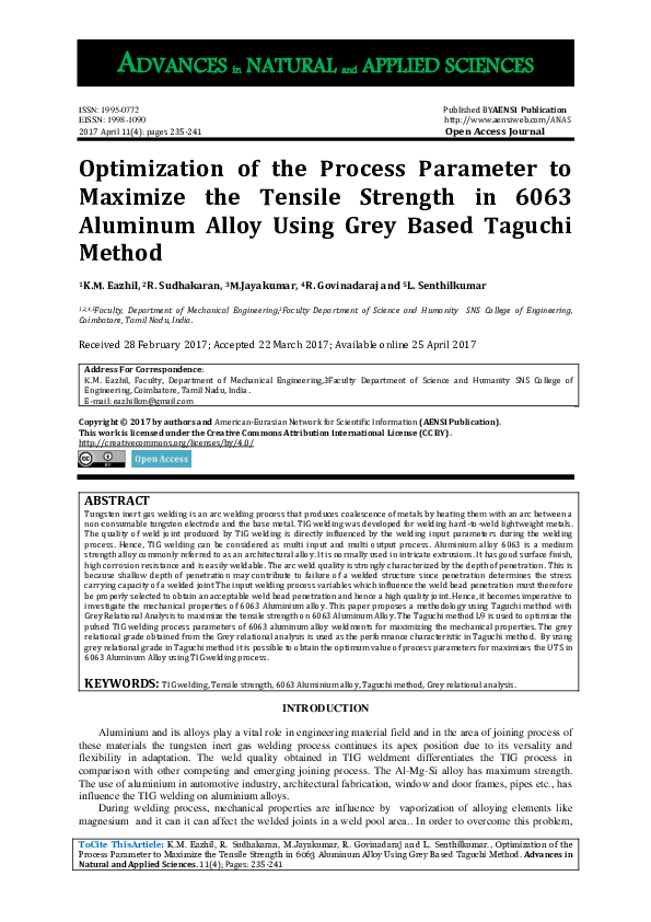 (PDF) ADVANCES in NATURAL and APPLIED SCIENCES Optimization of the Process Parameter to Maximize ...