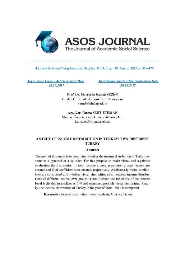 (PDF) A STUDY OF INCOME DISTRIBUTION IN TURKEY: TWO DIFFERENT TURKEY