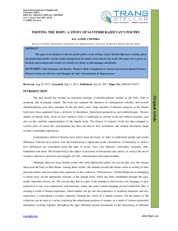 (PDF) WRITING THE BODY: A STUDY OF SAVITHRI RAJEEVAN'S POETRY