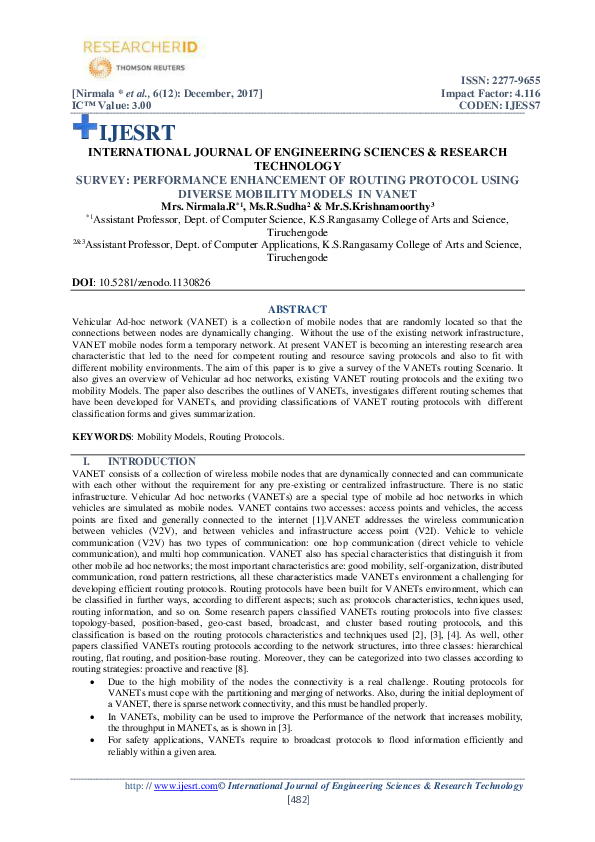 Pdf Survey Performance Enhancement Of Routing Protocol Using Diverse Mobility Models In Vanet