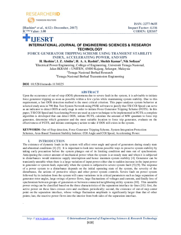 (PDF) FORCE GENERATOR TRIPPING SCHEME USING TRANSIENT STABILITY INDEX, ACCELERATING POWER, AND SIPS