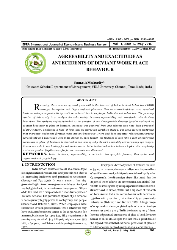 (PDF) AGREEABILITY AND EXACTITUDE AS ANTECEDENTS OF DEVIANT WORK PLACE ...