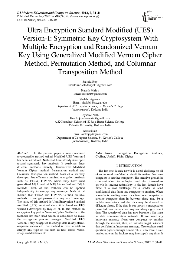 (PDF) Ultra Encryption Standard Modified (UES) Version-I: Symmetric Key Cryptosystem With ...