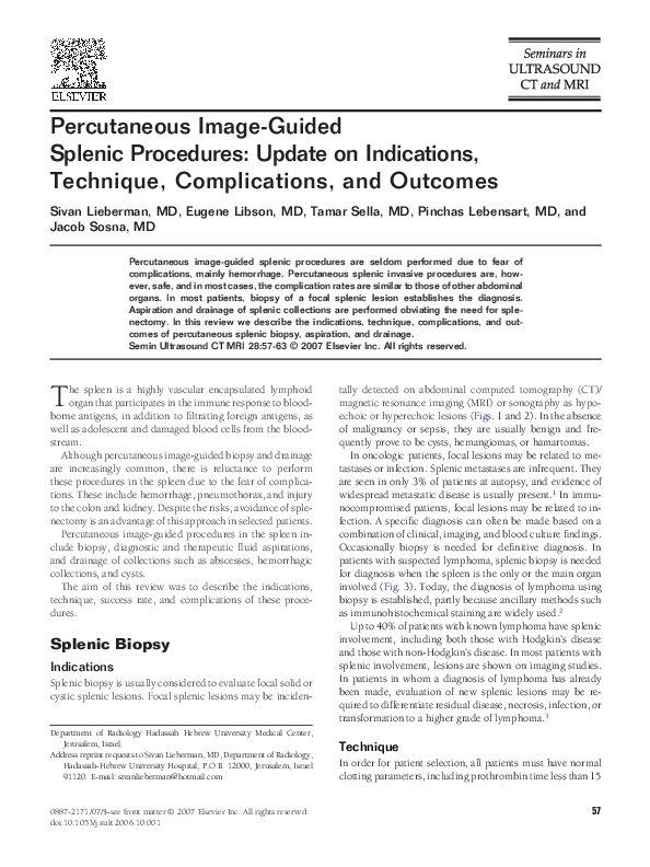 (PDF) Percutaneous Image-Guided Splenic Procedures: Update on ...