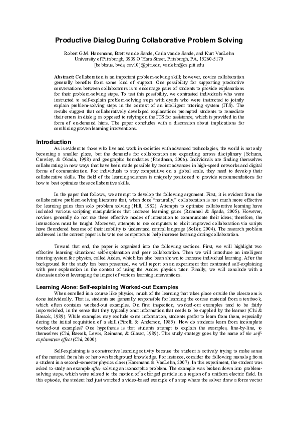 (PDF) Productive Dialog During Collaborative Problem Solving | Robert ...