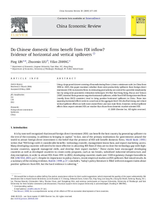 (PDF) Do Chinese domestic firms benefit from FDI inflow? Evidence of ...