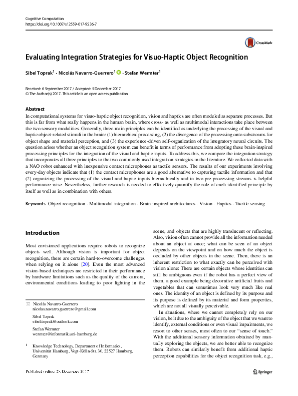 Pdf Evaluating Integration Strategies For Visuo Haptic Object Recognition