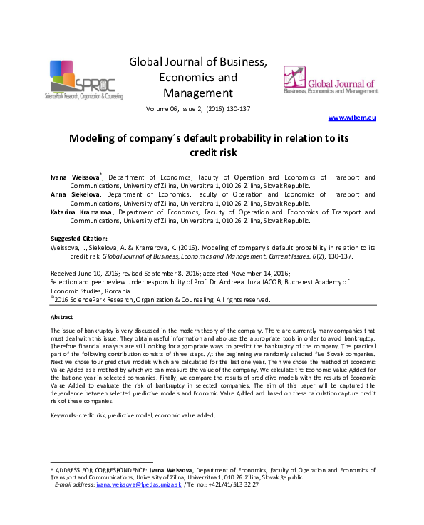 (PDF) Modeling of company´s default probability in relation to its ...