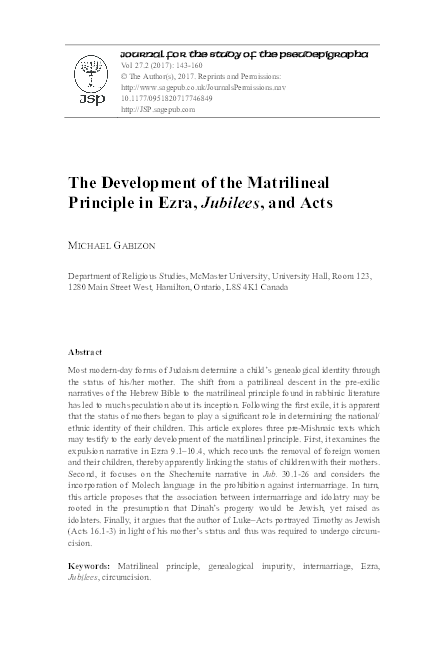 (PDF) The Development of the Matrilineal Principle in Ezra, Jubilees ...