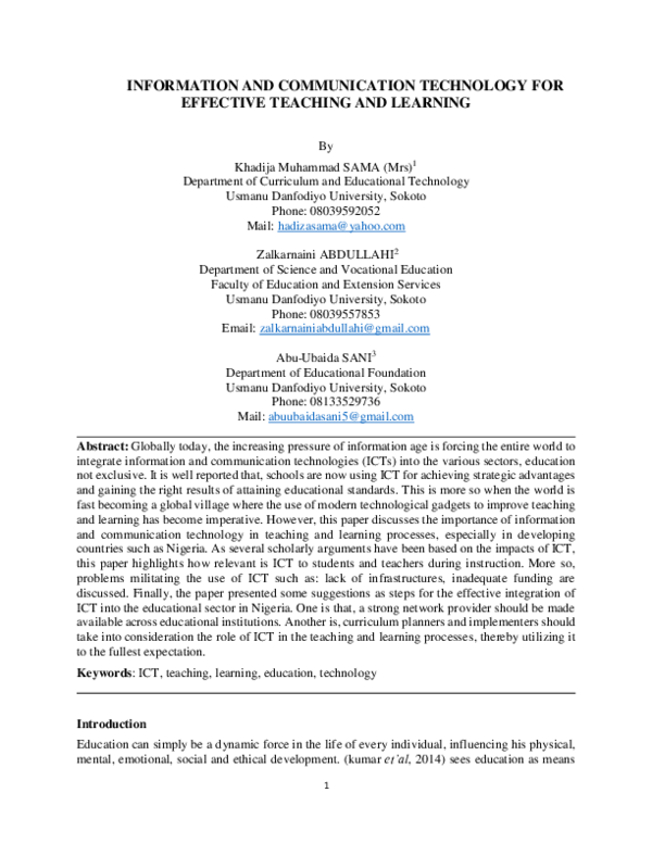 (DOC) INFORMATION AND COMMUNICATION TECHNOLOGY FOR EFFECTIVE TEACHING ...