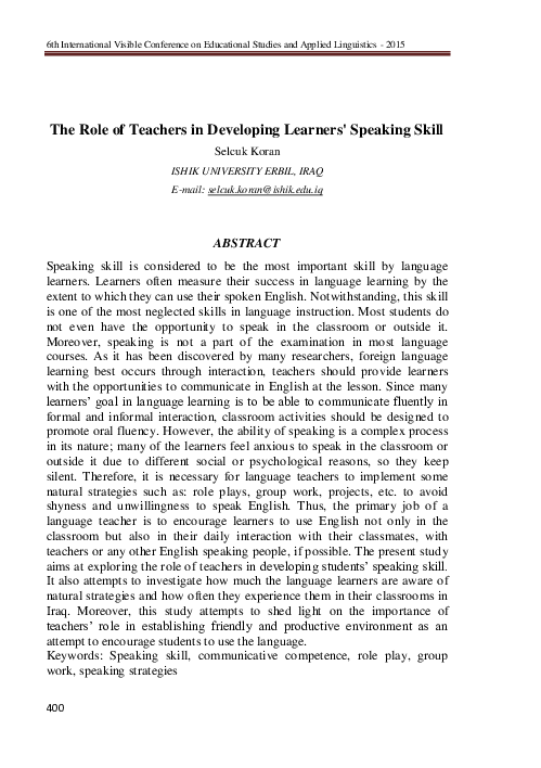 Pdf The Role Of Teachers In Developing Learners Speaking Skill Pdf