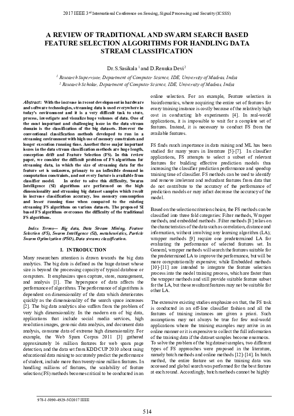 Pdf A Review Of Traditional And Swarm Search Based Feature Selection Algorithms For Handling