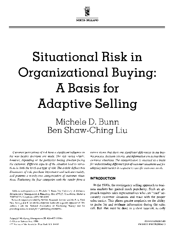 (PDF) Situational risk in organizational buying: A basis for adaptive ...