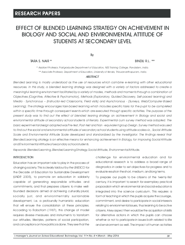Pdf Effect Of Blended Learning Strategy On Achievement In Biology And Social And Environmental