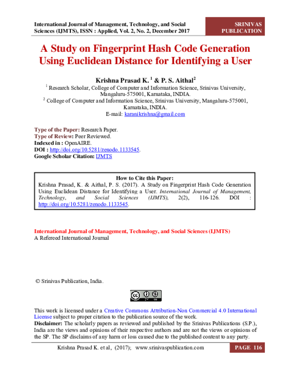 (PDF) A Study on Fingerprint Hash Code Generation Using Euclidean Distance for Identifying a User