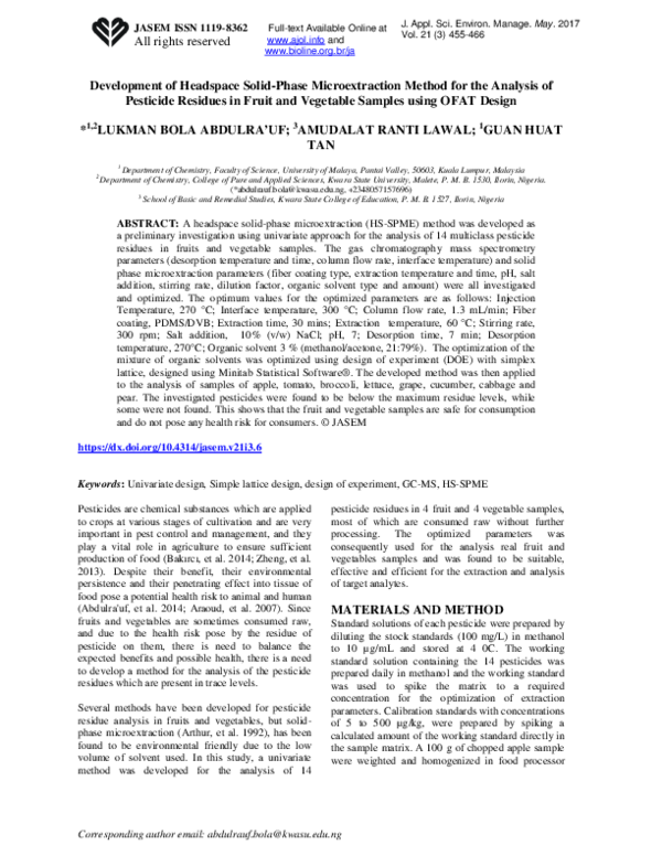 Pdf Development Of Headspace Solid Phase Microextraction Method For