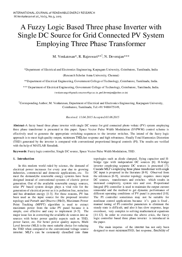 Pdf A Fuzzy Logic Based Three Phase Inverter With Single Dc Source For Grid Connected Pv