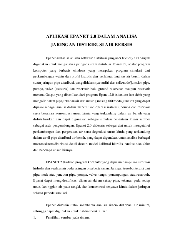 (DOC) APLIKASI EPANET 2.0 DALAM ANALISA JARINGAN DISTRIBUSI AIR BERSIH