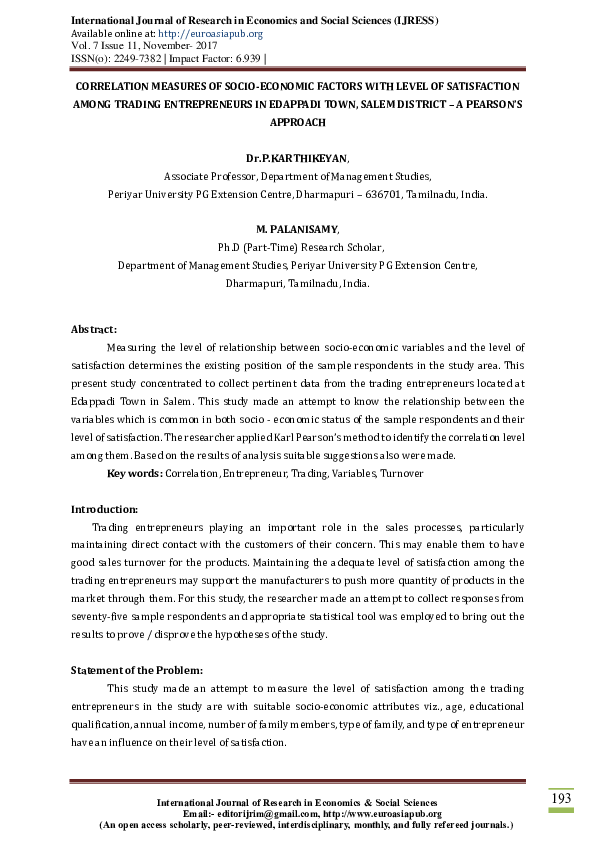 (PDF) CORRELATION MEASURES OF SOCIO-ECONOMIC FACTORS WITH LEVEL OF ...