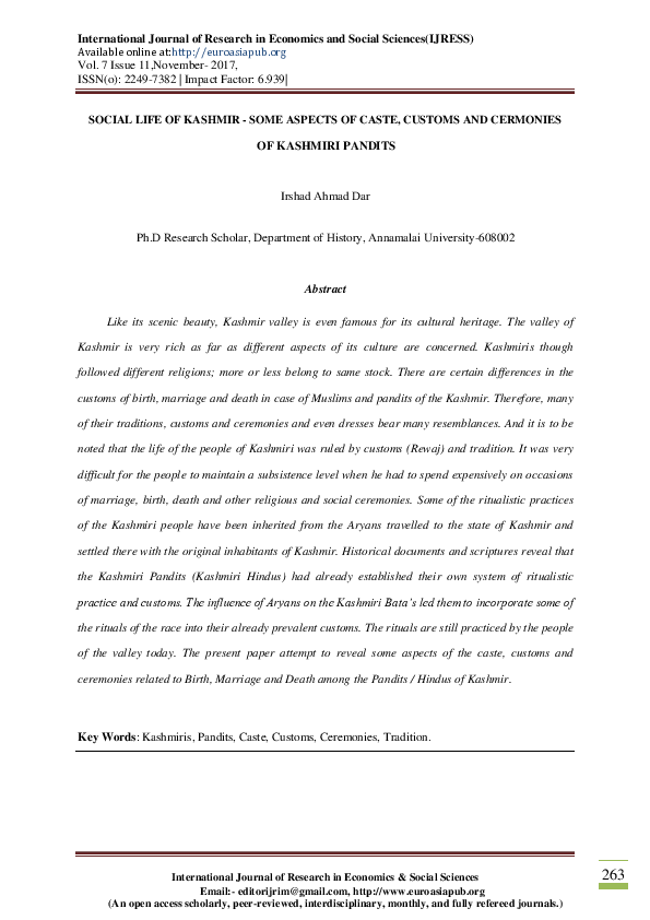 (PDF) SOCIAL LIFE OF KASHMIR - SOME ASPECTS OF CASTE, CUSTOMS AND ...