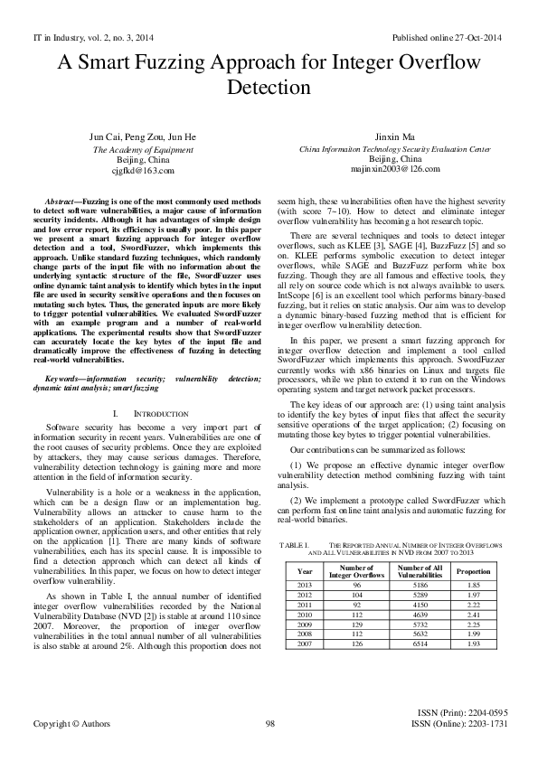 Pdf A Smart Fuzzing Approach For Integer Overflow Detection Information Technology In