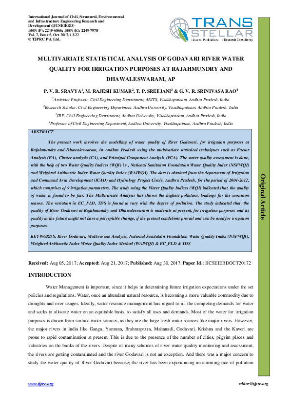 Pdf Multivariate Statistical Analysis Of Godavari River Water Quality For Irrigation Purposes