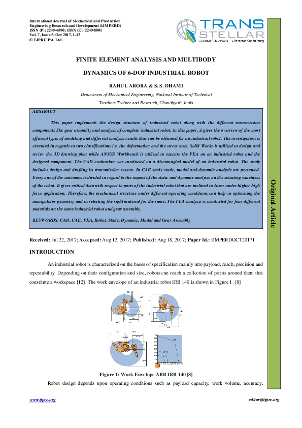 Pdf Finite Element Analysis And Multibody Dynamics Of 6 Dof Industrial Robot