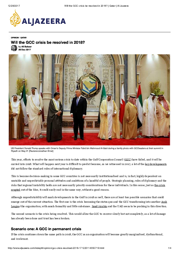 (PDF) Will the GCC crisis be resolved in 2018? - Ali BAKEER