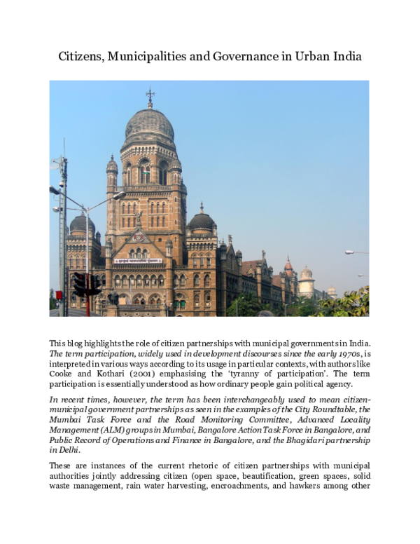 (DOC) Citizens, Municipalities and Governance in Urban India