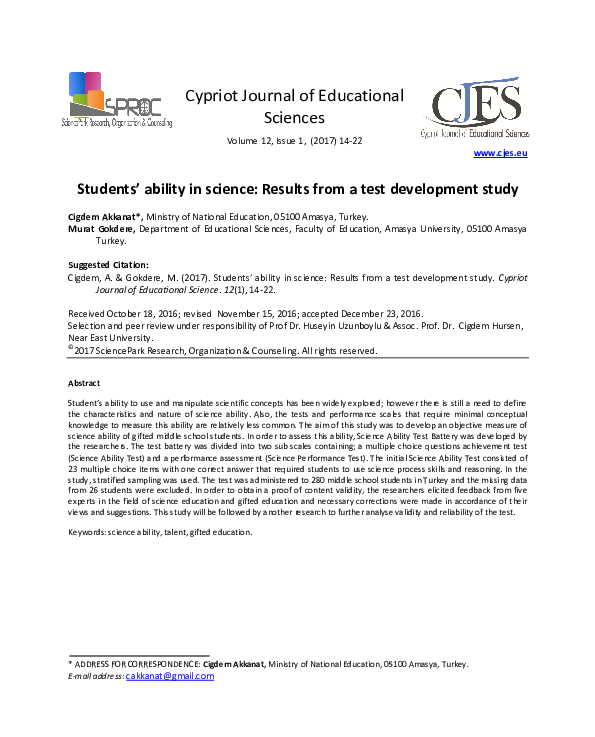 (PDF) Students' ability in science: Results from a test development study