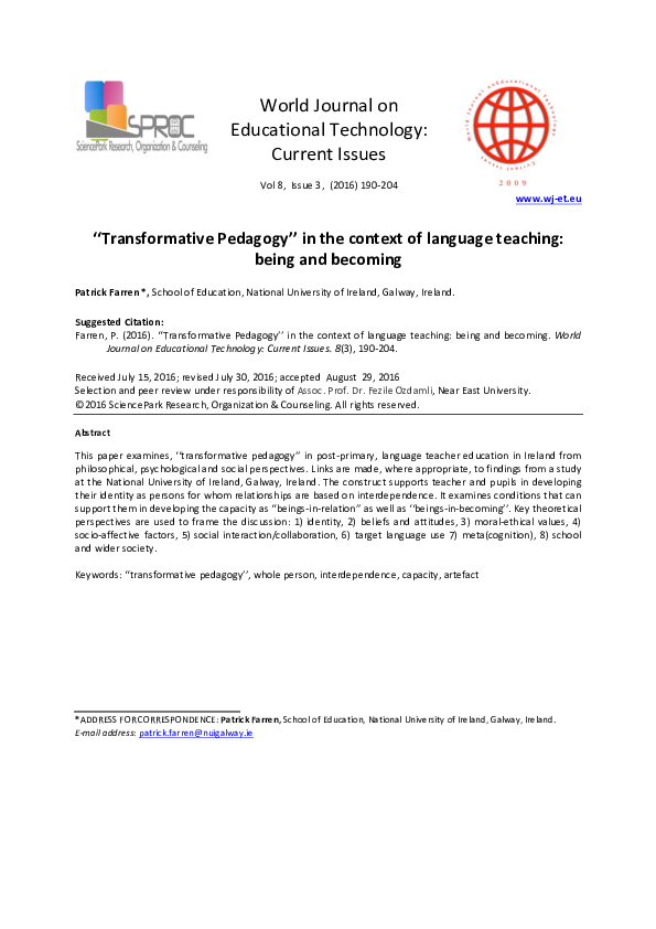 (PDF) ''Transformative Pedagogy'' in the context of language teaching ...