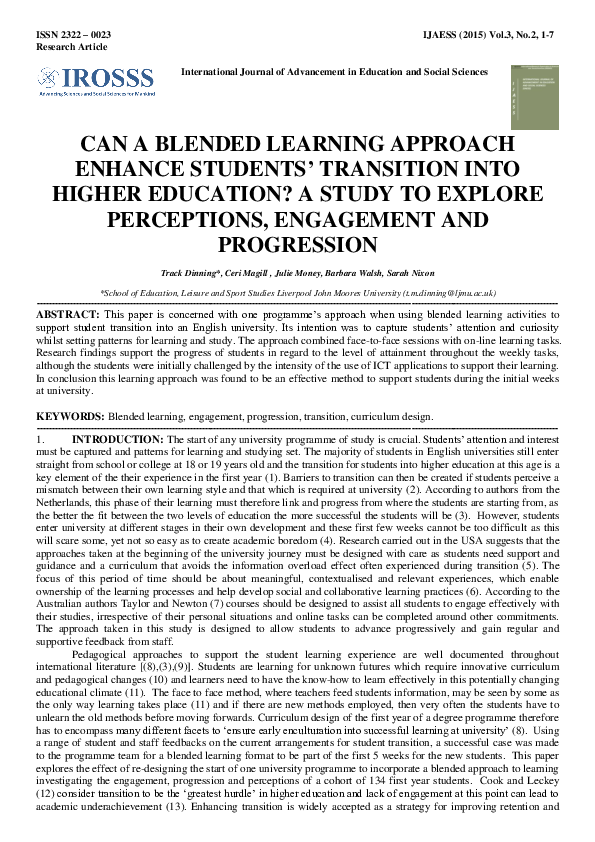 (PDF) CAN A BLENDED LEARNING APPROACH ENHANCE STUDENTS' TRANSITION INTO HIGHER EDUCATION? A ...