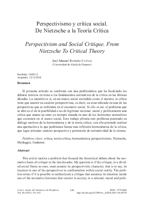 (PDF) Perspectivismo y crítica social. De Nietzsche a la Teoría Crítica (2015)