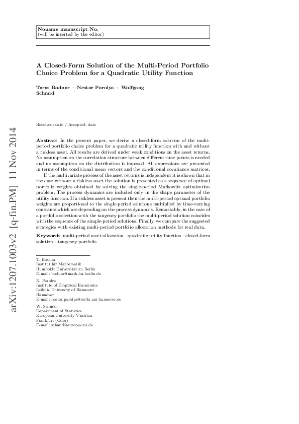 (PDF) A Closed-Form Solution of the Multi-Period Portfolio Choice ...