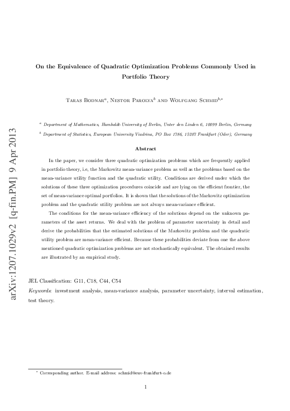 (PDF) On the Equivalence of Quadratic Optimization Problems Commonly ...