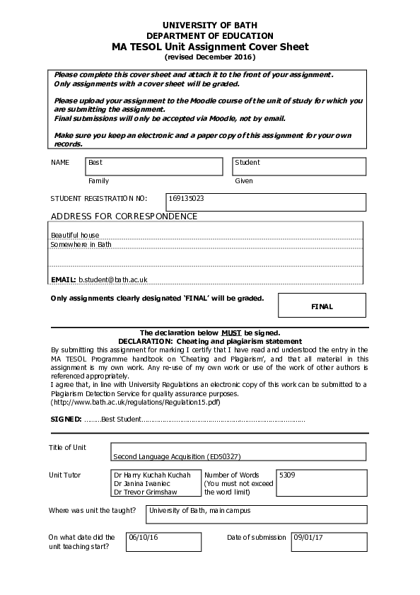 (DOC) MA TESOL Unit Assignment Cover Sheet Title of Unit Second ...