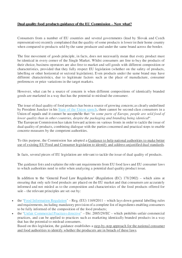 (PDF) Dual quality food products guidance of the EU Commission – Now what