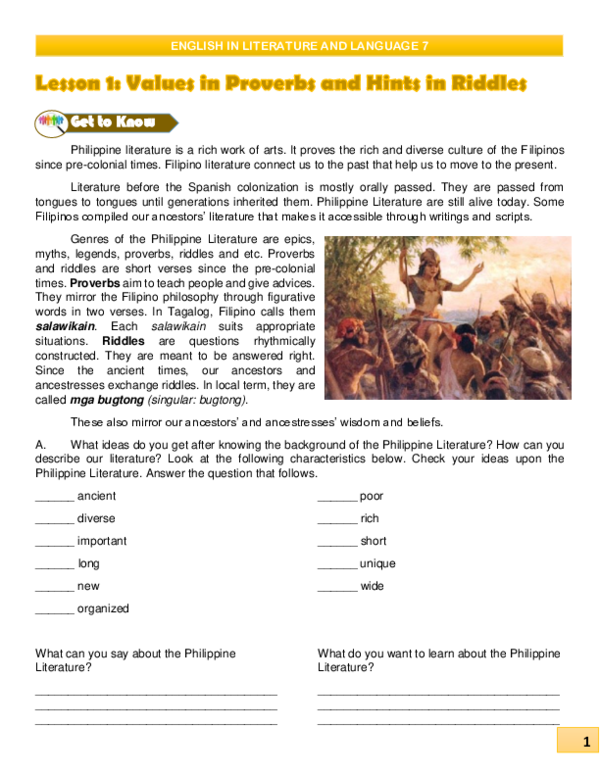 (DOC) Lesson 1: Values in Proverbs and Hints in Riddles Get to Know