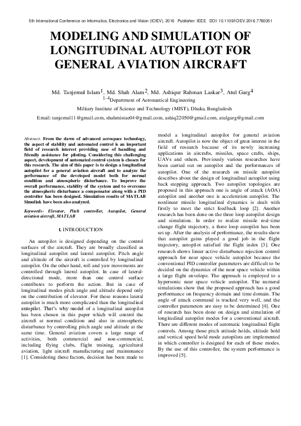 (PDF) Modeling and Simulation of Longitudinal Autopilot for General ...