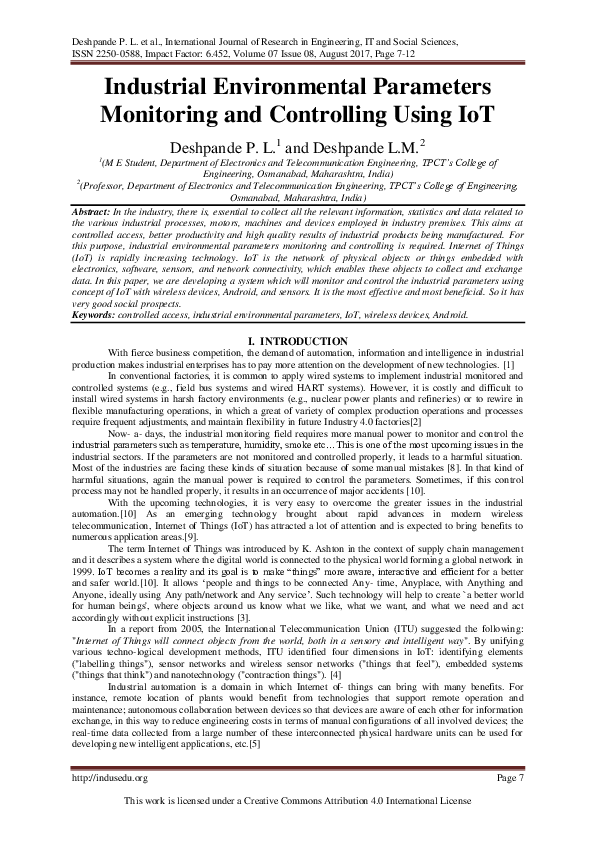 (PDF) Industrial Environmental Parameters Monitoring and Controlling Using IoT