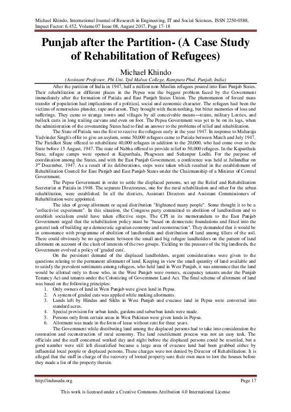 (PDF) Punjab after the Partition-A Case Study of Rehabilitation of Refugees