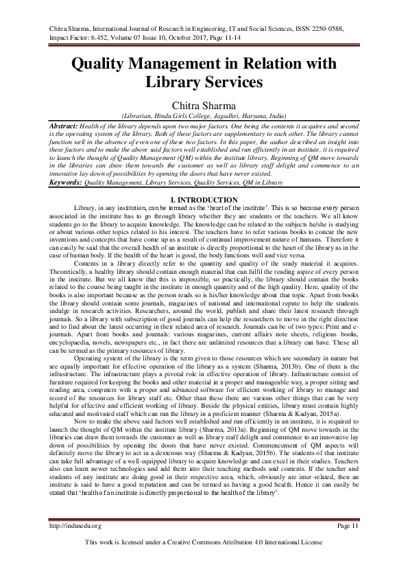 (PDF) Quality Management in Relation with Library Services