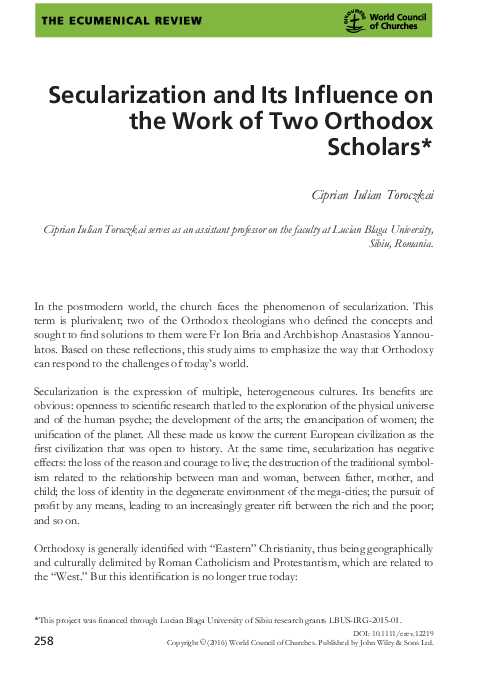 (PDF) Secularization and Its Influence on the Work of Two Orthodox Scholars