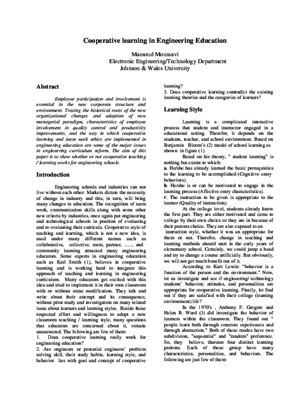 (PDF) Cooperative learning in engineering education | MASOOD MOUSAVI - Academia.edu