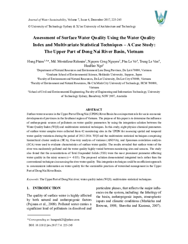 Pdf Assessment Of Surface Water Quality Using The Water Quality Index And Multivariate