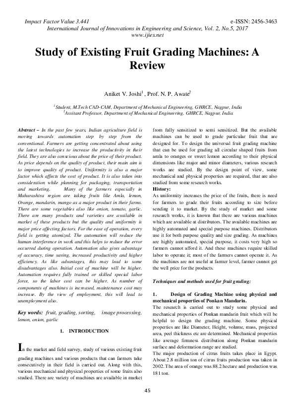 (PDF) Study of Existing Fruit Grading Machines: A Review