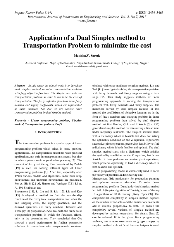 (PDF) Application of a Dual Simplex method to Transportation Problem to ...