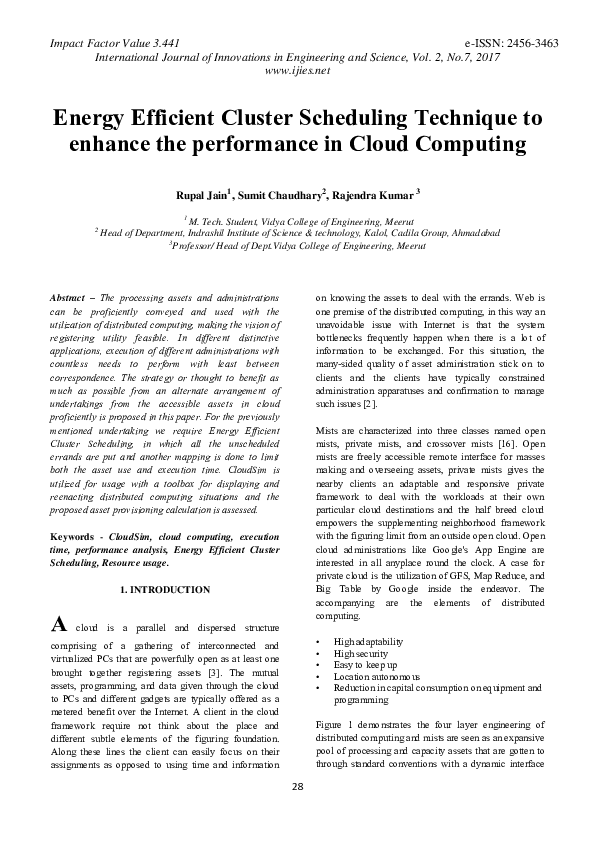 Pdf Energy Efficient Cluster Scheduling Technique To Enhance The Performance In Cloud Computing