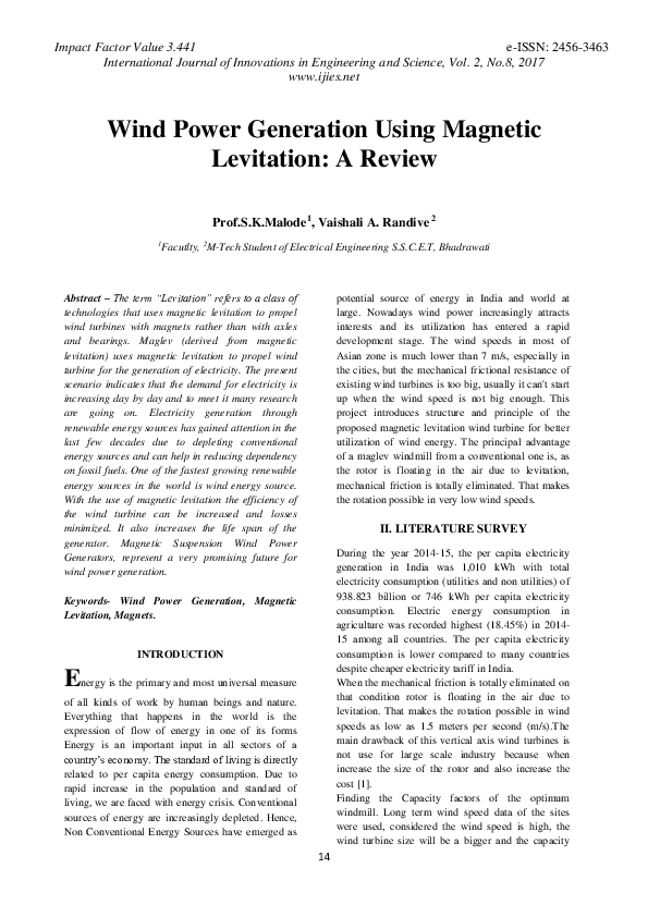 (PDF) Wind Power Generation Using Magnetic Levitation: A Review