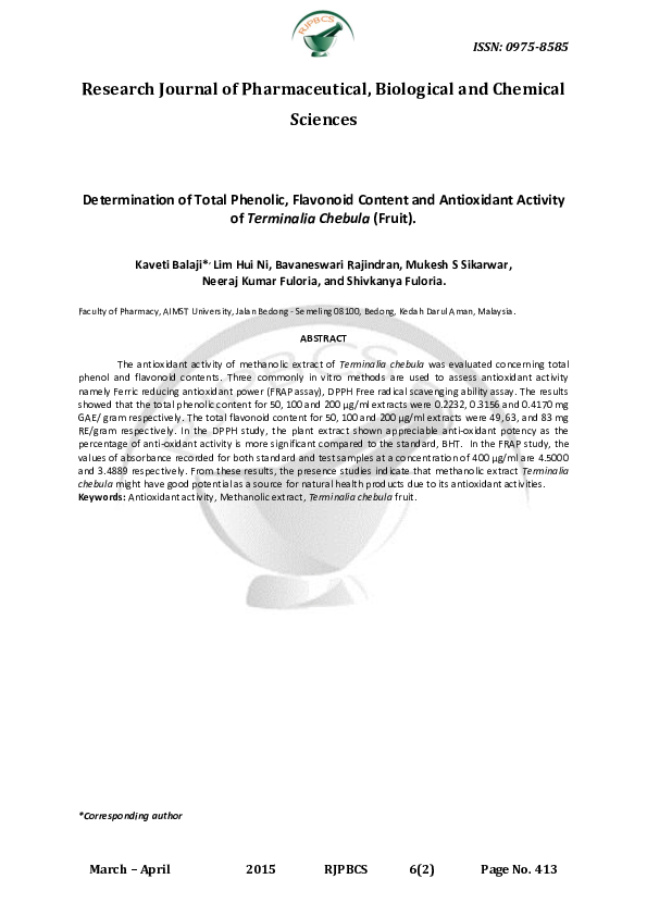 (PDF) Determination of Total Phenolic, Flavonoid Content and Antioxidant Activity of Terminalia ...